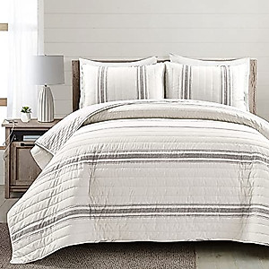 Lush Decor Farmhouse Stripe Reversible Cotton 3 Piece Quilt Set, Full/Queen, Gray