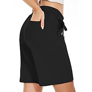 TARSE Women's Bermuda Shorts Plus Size Long Cotton Drawstring Loose with Pockets Knee Length Shorts Yoga Casual Walking Exercise Shorts(Black,XXL)