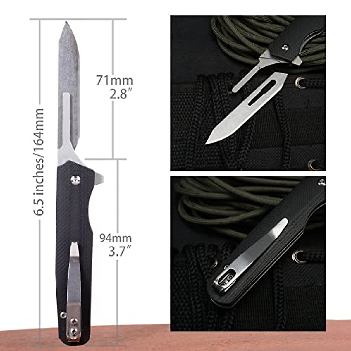 TENCHILON G36 Compact Folding Pocket Scalpel Knife, 6pcs 440C #60 Replaceable Blades, Contoured G10 Handle, Small Slim Gentleman's Flipper Utility EDC Knives with Pocket Clip