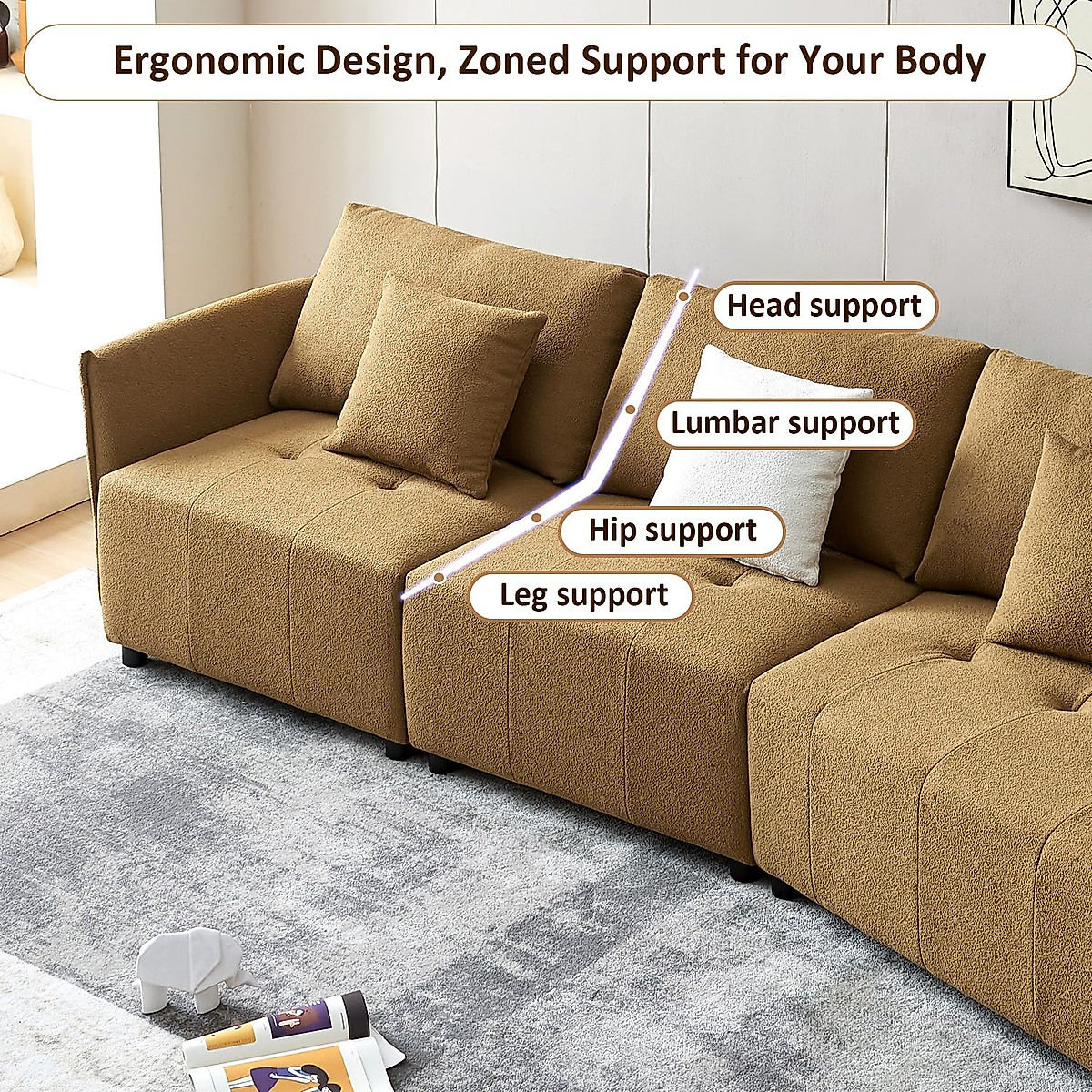 kevinplus 120'' Sectional Sofa Couch for Living Room, Modern Contemporary Sofa Couch with Curved Tufted Seat, Sofa Couch with Throw Pillow for Apartment, Teddy Fabric, Dark Yellow