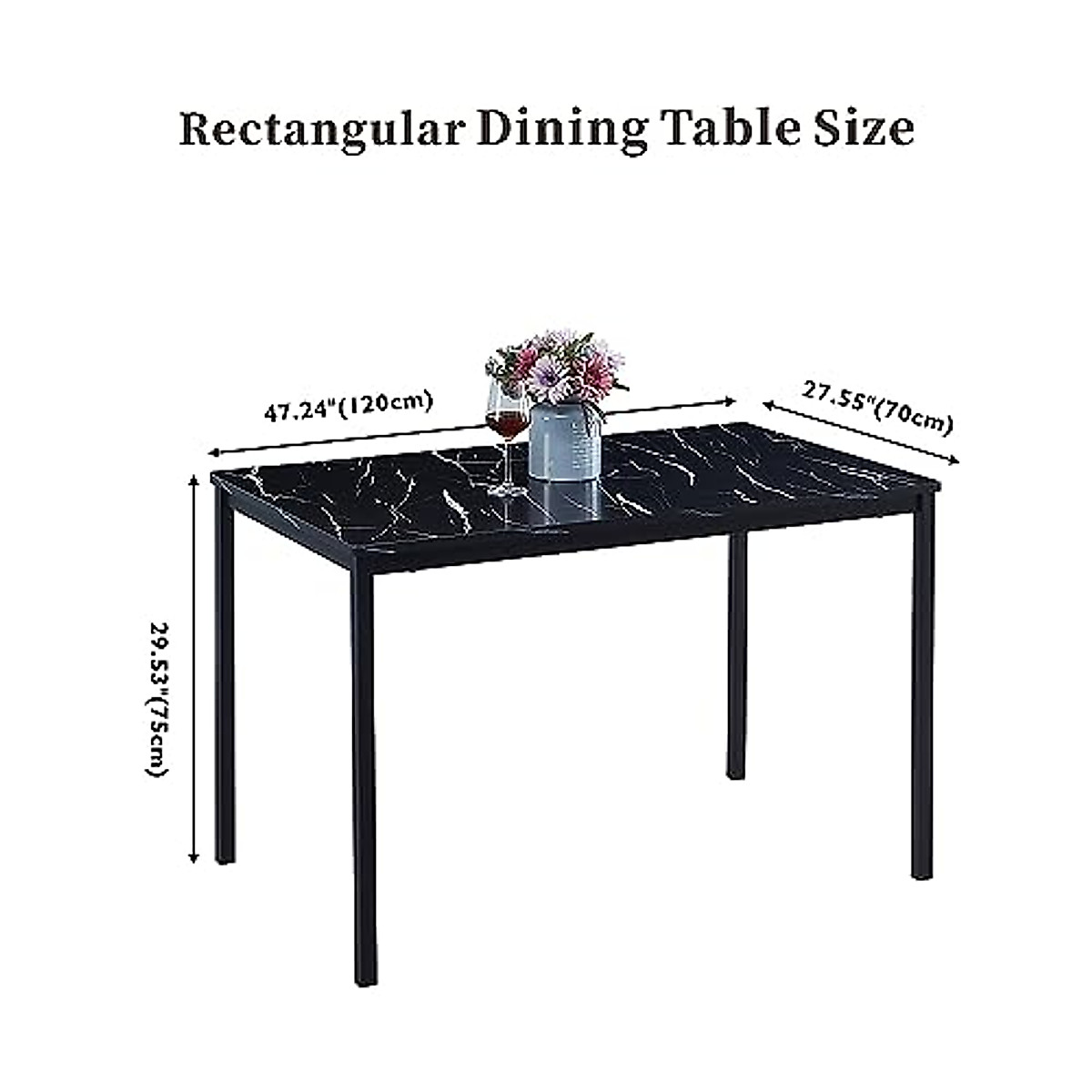 PEITAIKO 47.2" Rectangular MDF Dining Table/Mid Century Modern Metal Legs Kitchen Table (Imitation Marble) (MDF Board+Metal, Black Marble Effect)