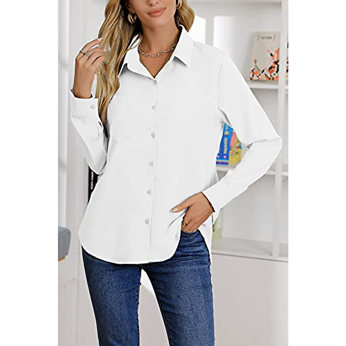 AISEW Womens Casual Button Down Shirts V Neck Chiffon Long Sleeve Collared Office Work Blouses Tops with Pocket (White, Medium)