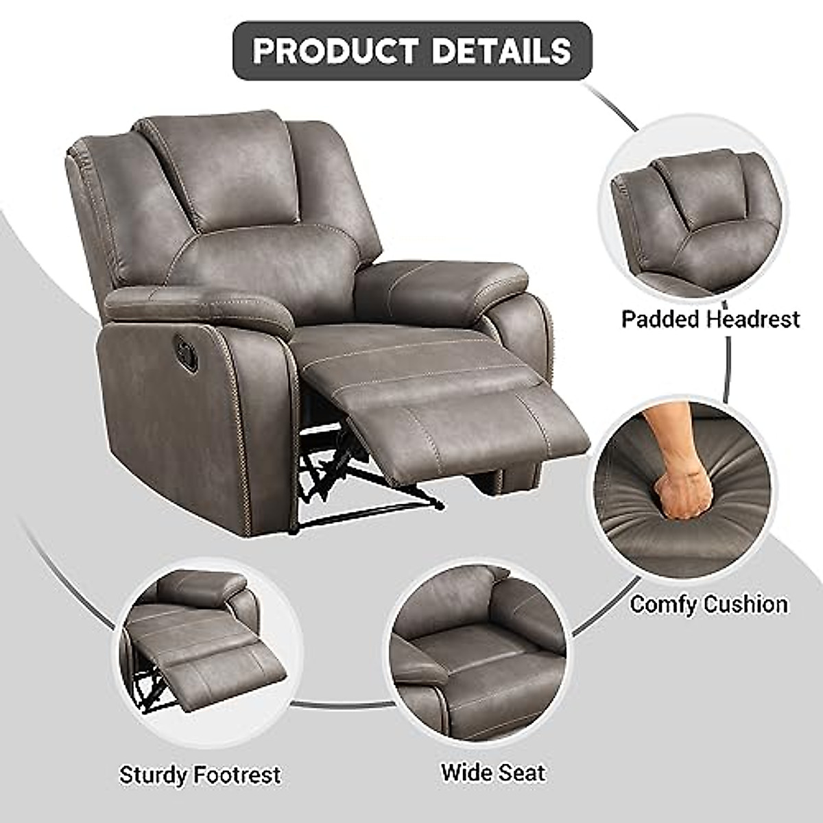 ANJ Manual Recliner Chair with Padded Headrest and Armrest, Overstuffed Reclining Chairs Comfy Faux Leather Recliners Single Sofa for Living Room
