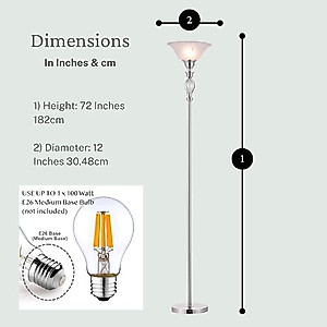 Silver Standing Lamp Floor Lamp For Living Room with White Alabaster Glass Shade- Stand Up Lamp Torchiere- Durable Iron Scrollwork And Glass Construction - Pole Lamp with Brushed Nickel Finish
