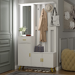 PAKASEPT Hall Tree with Bench and Shoe Storage, Farmhouse Entryway Bench with Coat Rack, Multi-Purpose Home Organizer, Sliding Barn Doors, Entryway Solution with Seating and Hooks