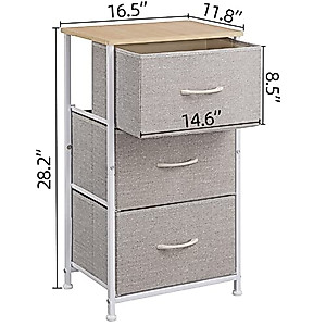 Somdot Small Dresser for Bedroom with 3 Drawers, Storage Chest of Drawers with Removable Fabric Bins for Closet Bedside Nursery Laundry Living Room Entryway Hallway, Grey/Natural Maple