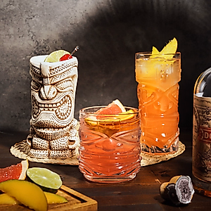 Viski Pacific Tiki Glasses Stackable Lowball DOF Tumblers, Tropical Cocktail and Bar Gifts for Rum and Whiskey, 12 Oz, Set of 2