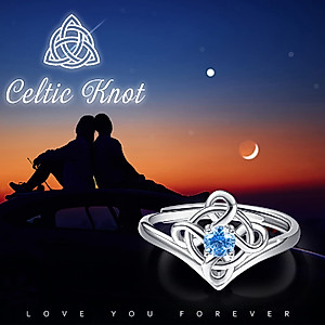 AOVEAO Celtic Knot Ring,925 Sterling Silver Blue Artificial Zircon Adjustable Irish Knot Lucky Open Rings Jewelry for Women