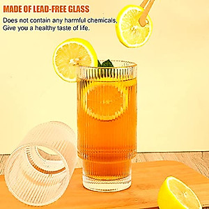 Rantonly 4Pack Ribbed Glass Cups 16oz with Bamboo Lids and Straws, Drinking Glasses Tumbler Cups-Reusable, Vintage Glass Cups, Elegant Ribbed Glassware for Beer Smoothie Whiskey