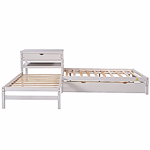 L-Shaped 2 Beds Twin Size & Full Size with Trundle Wood Platform Beds for 3 People Corner Bed Frames with Table for Kids Teens Adults, White