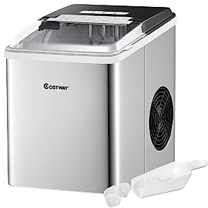 COSTWAY Countertop Ice Maker, Self-Cleaning Function, Ice Cubes Ready in 7 Minutes, 26LBS/24H Portable Stainless Steel Tabletop Ice Machine with Ice Scoop and Basket, Perfect for Home, Bar, Silver