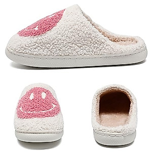 TJJDRYSR Slippers for Women Indoor,Unisex House Shoes with Faux Fur Lining,Smile Face Slippers Memory Foam Mens Slippers Warm Plush Bedroom Shoes(Pink 42/43)