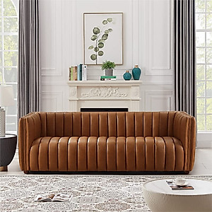 Ashcroft Furniture Co Rasem Mid Century Modern Luxry Tight Back Geniune Leather Couch in Cognac Tan