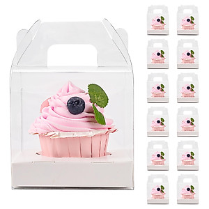 LOKQING 30 PCS Individual Cupcake Containers Single Cupcake Boxes with Handle and Inserts Clear Plastic Favor Boxes
