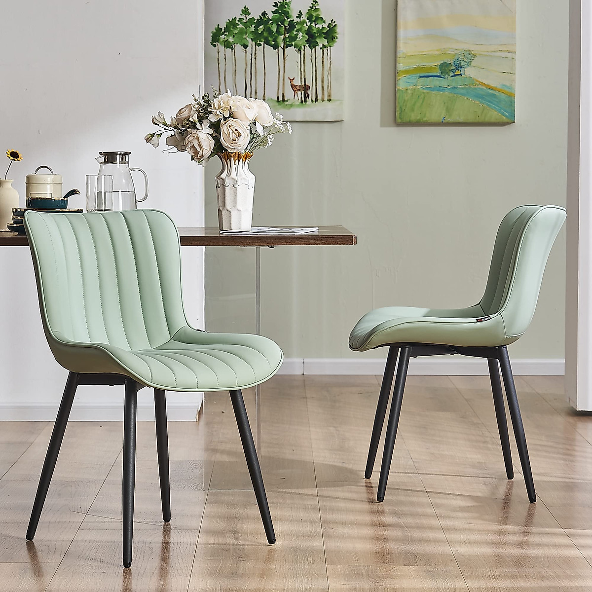 YOUNUOKE Dining Chairs Set of 2 Upholstered Mid Century Modern Kitchen Chair Armless Faux Leather Side Chairs with Padded Back Metal Legs for Living Room Bedrooms Mint Light Sage Green