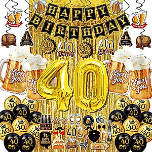 40th birthday decorations for men women - (60pcs) black gold party Banner, 40 Inch Gold Balloons,40th Sign Latex Balloon,Fringe Curtains and cheers to you Foil Balloons,Hanging Swirl,photo props