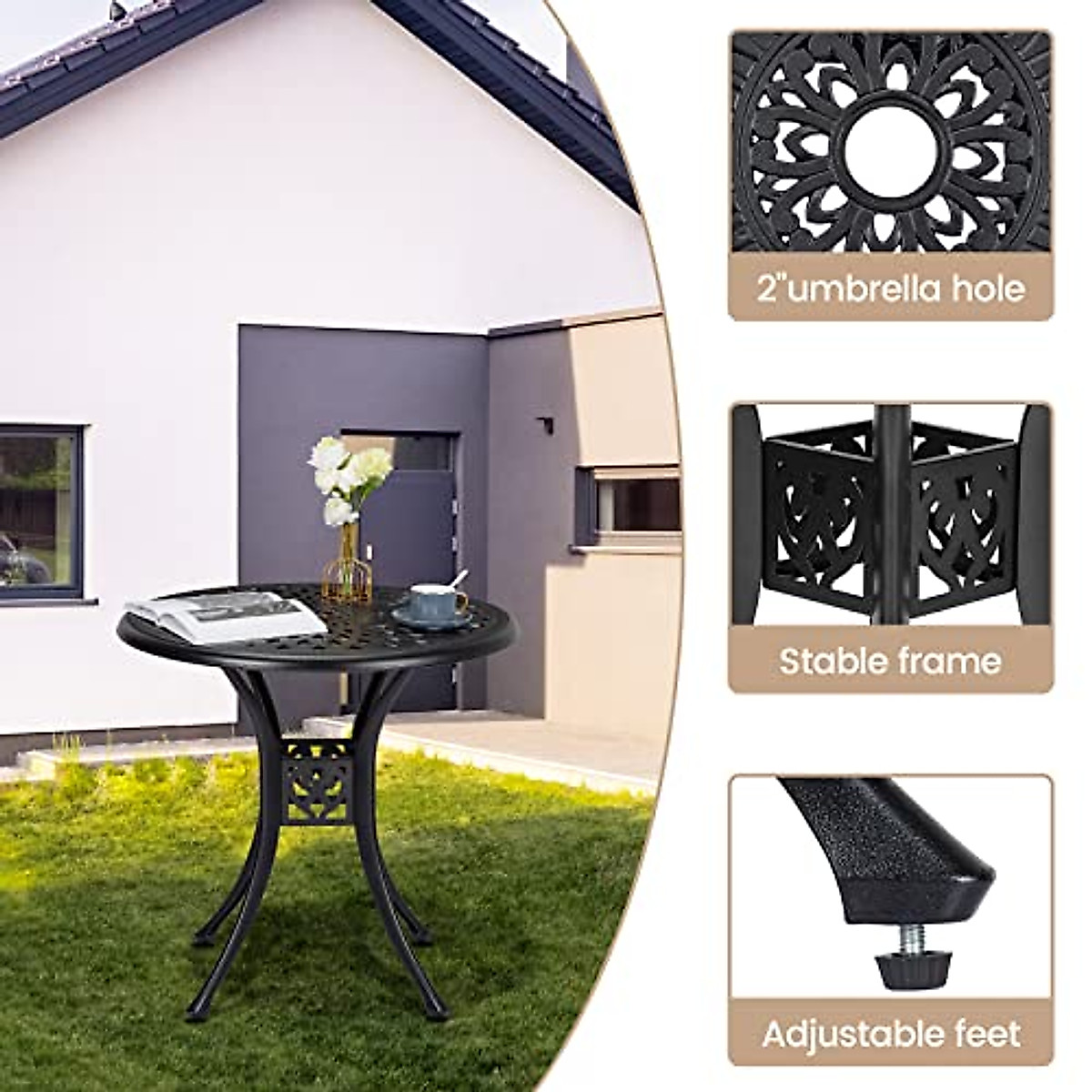 IDEALHOUSE Patio Bistro Table, Cast Aluminum Round Outdoor Table, Bistro Table with Umbrella Hole, for Poolside, Deck, Porch, Backyard, Garden, Balcony, Dia 30.25" x H 29.5", Black