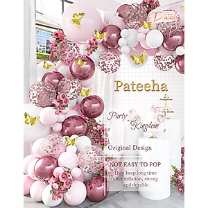 Pateeha Baby Shower Decorations for Girl 140 Pcs Pink Balloon Garland Pink White Balloon Arch Kit Butterfly Stickers Rose Gold Confetti Balloons for Bridal Shower Coquette Birthday Decorations