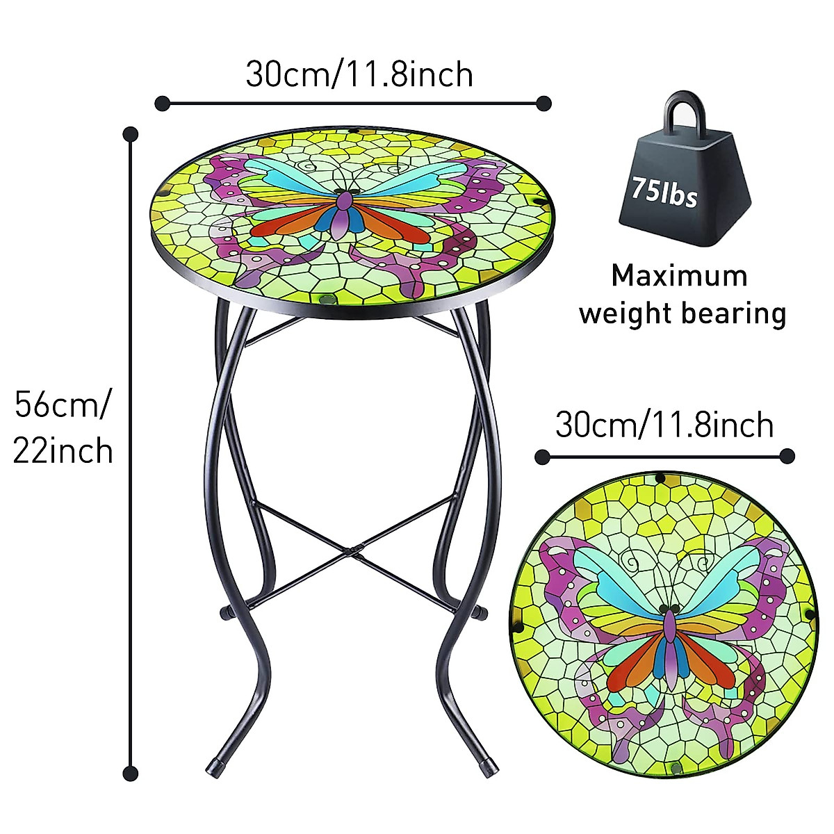 Patio Side Table Outdoor Mosaic Table Accent Coffee Table,Plant End Table Small Porch Colorful Butterfly Indoor,Round Glass Balcony Small Porch Plant Table Stands for Garden Patio Living Room 14 Inch