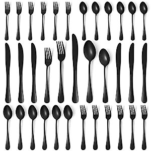 30 Piece Black Silverware Set, Stainless Steel Flatware Utensil Sets for 6, Black Cutlery Set Includes Forks Spoons Knives, Mirror Polished, Dishwasher Safe