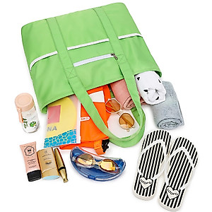 LEDAOU Large Beach Tote Bag Women Beach Bag Waterproof Sandproof Pool Bag with Zipper Travel Gym Tote Bag (Green)