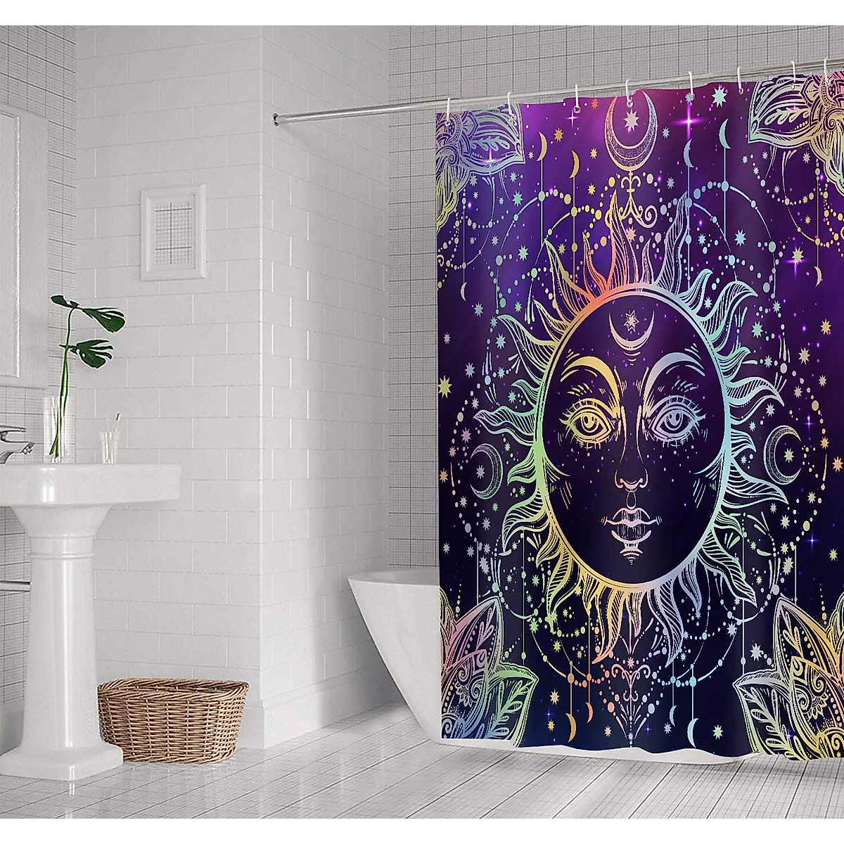 NTETSN Sun Moon Shower Curtain, Burning Sun with Star Psychedelic Theme Bath Curtain, Washable Upgrade Polyester Fabric for Bathroom Set with Hooks, Purple YLYYNT7-60(6072)