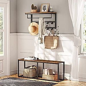 HOOBRO Dining Bench, 47.2 Inch Table Bench, Industrial Style Kitchen Bench, Steel Frame, Easy to Assemble, for Kitchen, Dining Room, Rustic Brown and Black BF12CD01