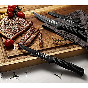BRANIK Black Steak Knives set of 4, Special Non-Stick Coating on each of these Steak knives making them dishwasher safe. This Black Steak Knife Set is razor-sharp, lightweight, and user-friendly.