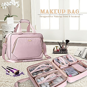 Prokva Professional Makeup Artist Travel Case with 4 Detachable Cosmetic Bags, Large Make up Organizer Bag with Makeup Kit Storage Section and Hair Tools Pocket, Pink (Empty Bag Only)
