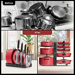 Podxco Pan Organizer Rack for Cabinet Pot Rack with 3 Diy Methods Adjustable Pot and Pan Organizer with 8 Tiers Pot Lid Organizer Holder Metal Heavy Duty Pot Organizer for Kitchen Counter and Cabinet