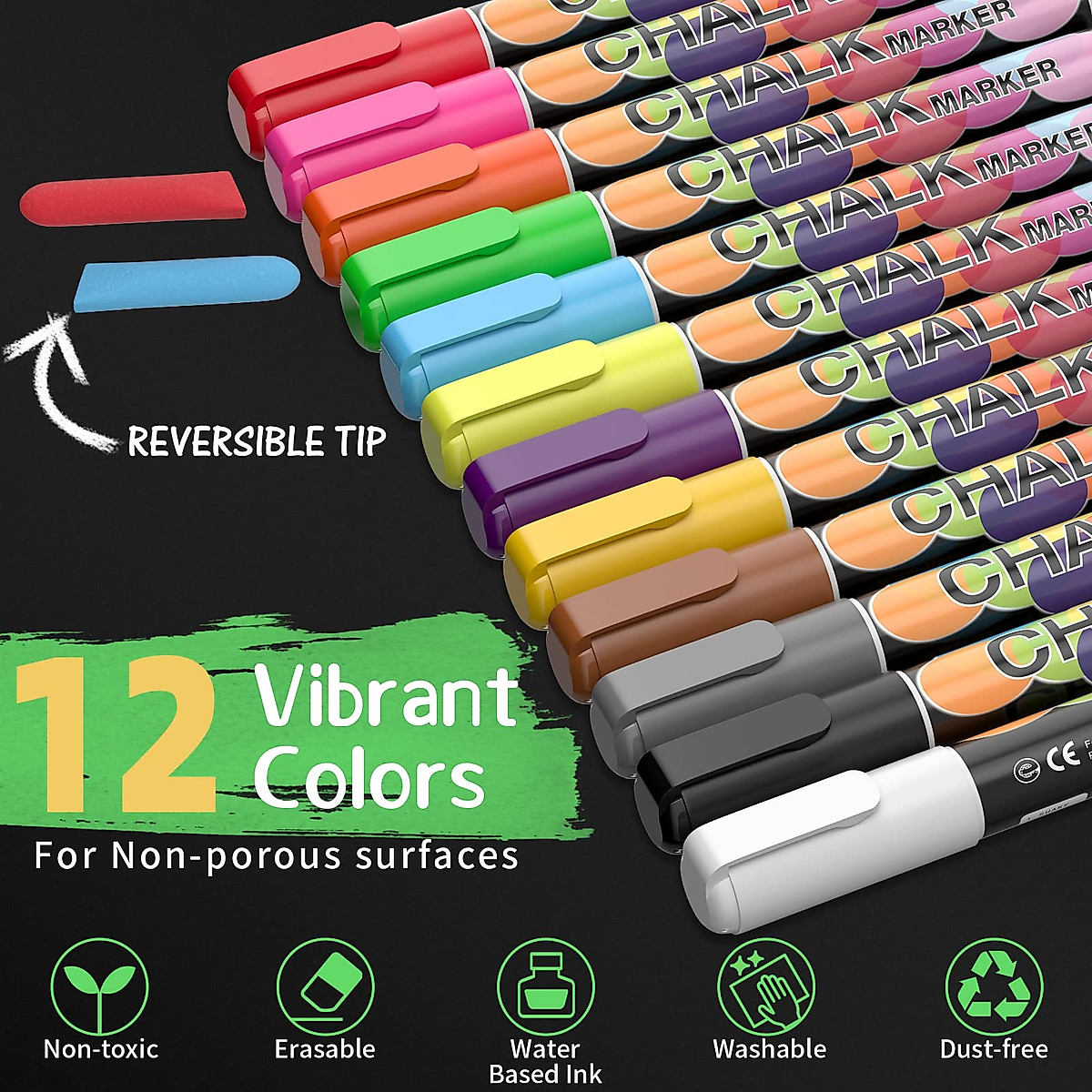 Liquid Chalk Markers Pens - 12 Colors Washable & Wet Erase Neon Chalk Makers for Blackboard, Chalkboard Signs, Glass Window, Graduation Celebration School Kids Art - Erasable Window Markers for Cars