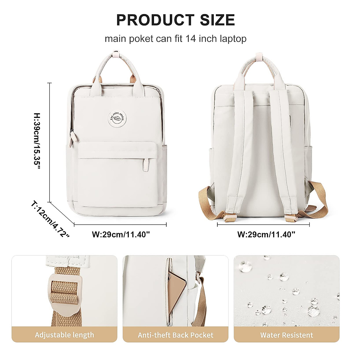 Womens Small School Backpacks For Travel,Cute Waterproof Bookbag For Teens Girls,Lightweight 14 inch Laptop College Back Packs Men,Aesthetic High School Bag(White)