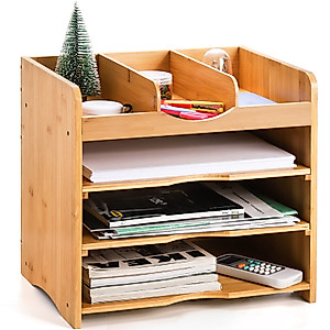 DEAYOU Bamboo Desk File Organizer, 13" Document Letter Tray Sorter with 2 Adjustable Shelves, 4 Tier Mail Organizer Countertop, Paper Storage Holder Box Cubby for Magazine, Office, Home, School