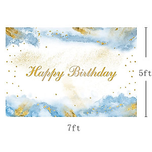 MEHOFOND 7x5ft Happy Birthday Backdrop Boys 1st Birthday Party Decorations Light Blue Watercolor Clouds Photography Background Gold Glitter Pastel Rainbow Bday Banner Cake Smash Table Supplies