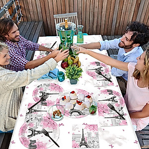 98 Pcs Paris Eiffel Tower Tableware Set Paris Eiffel Tower Party Plates Napkins Paris Table Cover Eiffel Tower Dinnerware for Kid Boy Girl Birthday Weddings Party Decorations Favors for 24 Guest