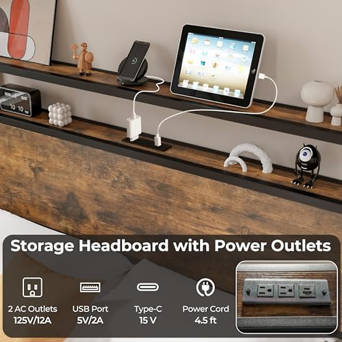 Giantex Queen Bed Frame with LED Lights Headboard and 4 Storage Drawers, Metal Platform Bed with Outlets and USB Ports Charging Station, Smart LED Bed Frame, Easy Assembly, No Box Spring Needed