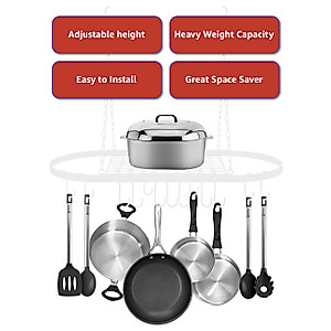 Sorbus® Pot and Pan Rack for Ceiling with Hooks — Decorative Oval Mounted Storage Rack — Multi-Purpose Organizer for Home, Restaurant, Kitchen Cookware, Utensils, Books, Household (Hanging Chrome)