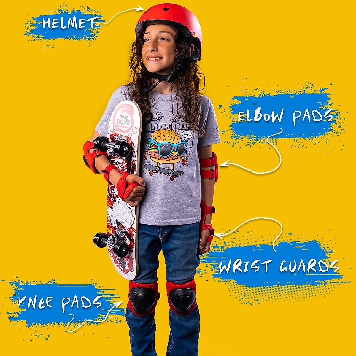 Kids Skateboard Bike Helmet Pads Set Protective Gear from Rude Boyz - Knee Pads Elbow Pads Wrist Pads Set for Youth Boys Girls