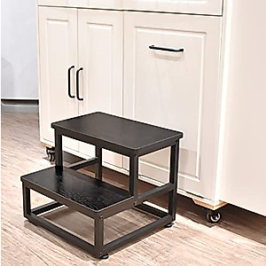 SZLHANJZ Step Stools for Adults & Kids, Bed Steps for High Beds for Adults, Multi-Purpose Metal and Wooden Step Stool with Round Corner, 2 Steps Bedside Kitchen Toilet Stool Hold Up to 500 LB, Black
