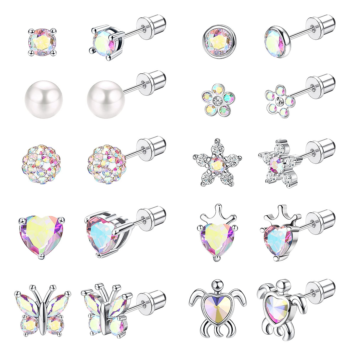 JOERICA 10 Pairs Screw Back Earrings for Women Surgical Steel Hypoallergenic Earrings Stud CZ Heart Flower Pearl Butterfly Turtle Screw on Earrings Pink CZ