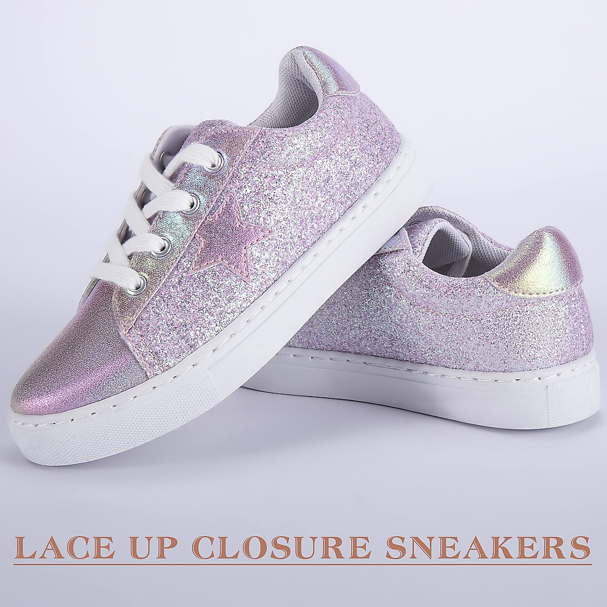 Pescool Girls Glitter Shoes-Lace up Sparkle Tennis Shoes-Hip Hop Dance Shoes-Girls School Shoes-Metallic Shoes for Girls (Pink,2)