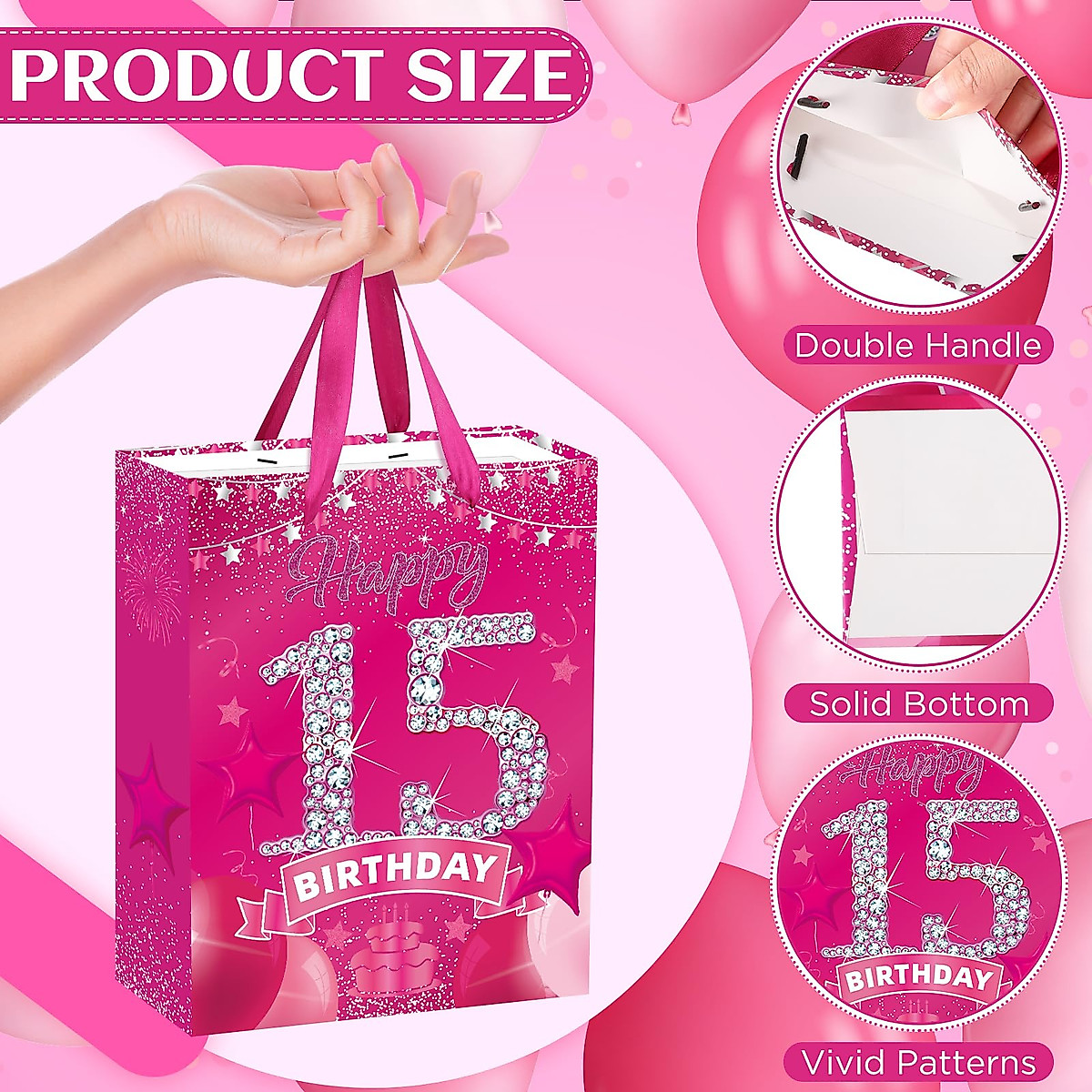 15th Birthday Gift Bag for 15 Year Old Teen Girls Sweet 15 Gift Bag with Card and Tissue Paper Pink 15th Birthday Wrapping Paper Bag 15th Birthday Decorations for Girls 15 Years Old Girl Gift Ideas