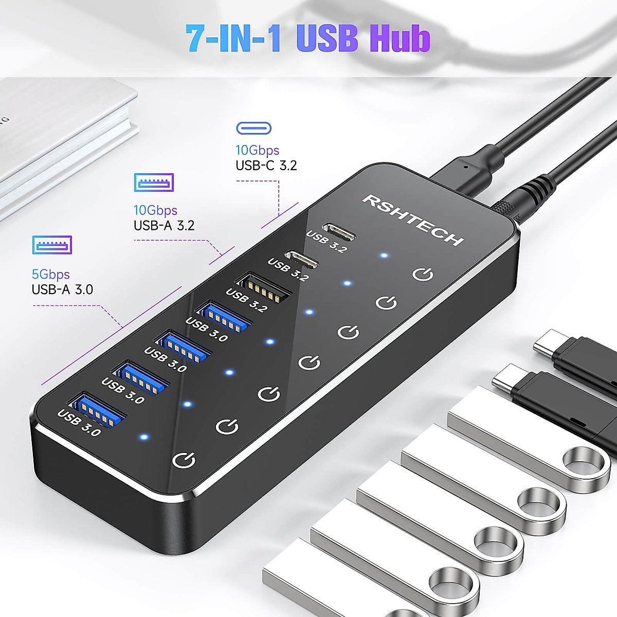 RSHTECH 7-Port Powered USB 3.2/USB C Hub with 10Gbps USB-A 3.2, 2 USB-C 3.2, 4 USB 3.0 Ports, Individual Touch Switches, 3.3ft Cable and 5V Power Adapter, USB Hub Splitter for Laptop/PC, RSH-ST07C