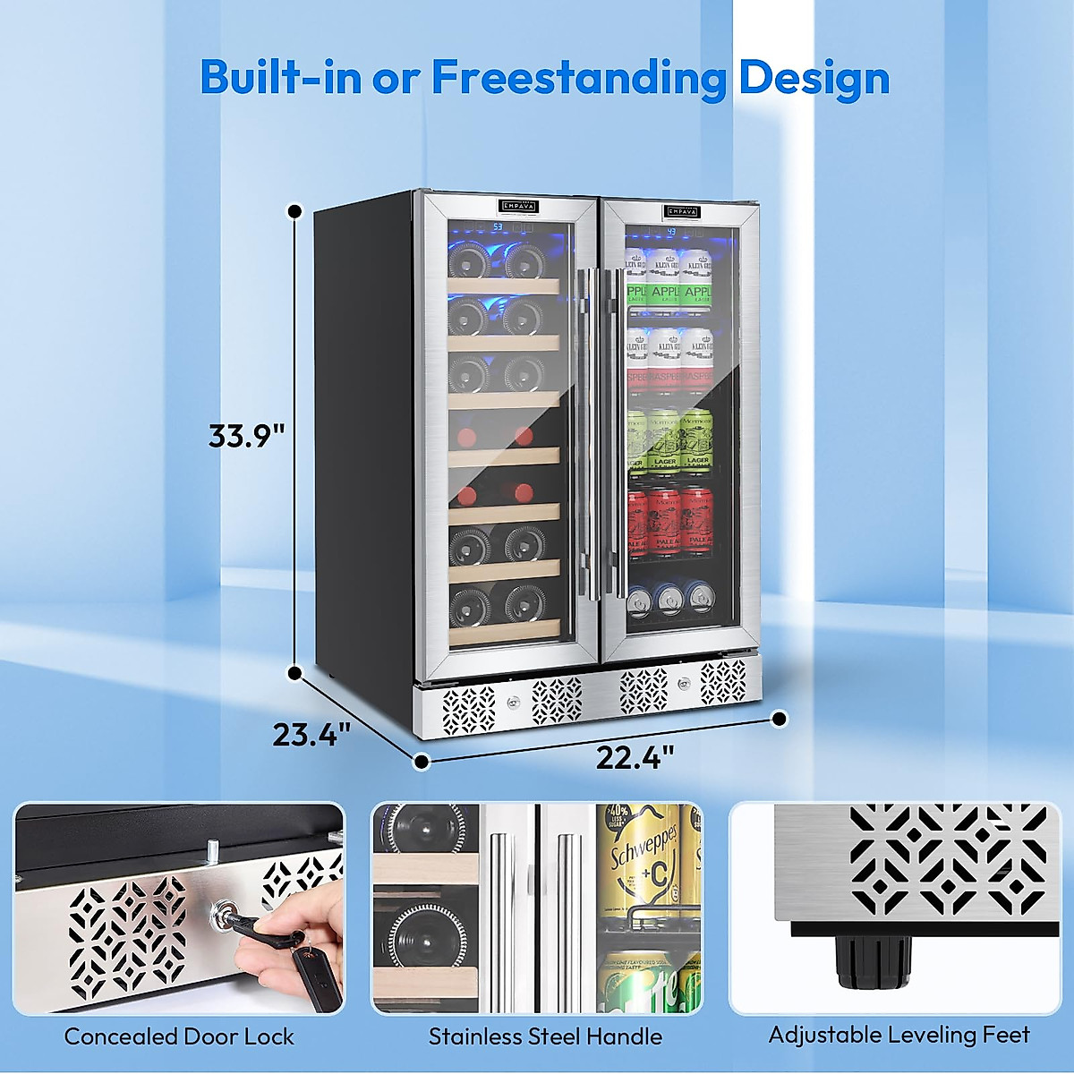 Empava Wine and Beverage Refrigerator Cooler Dual Zone 24 inch, Built-in Counter or Freestanding Fridge with Glass Door and LED Light, 96 Cans and 33 Bottles Capacity, Silver