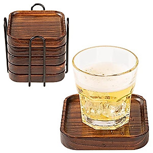 Wooden Coasters for Drinks - Natural Pine Wood Drink Coaster Set with Non-Slip Mat for Drinking Glasses, Tabletop Protection for Any Table Type, Set of 5 - Dia 4.33 x 4.72 x 0.8 Inches