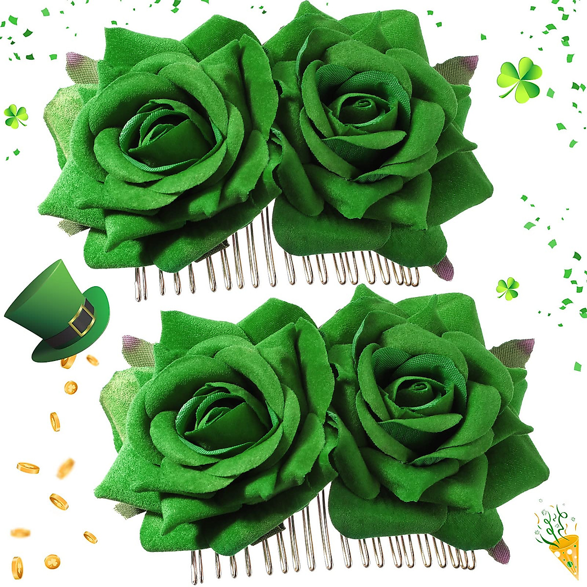 MTLEE 2 Pieces Green Rose Flower Hair Clip St. Patrick's Hair Accessories Irish Rose Hairpin St. Patrick's Day Hair Clip Comb for Girls Girlfriends Women St Patrick's Day Party Decorations