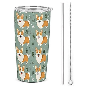 KIOWEIR Corgi Christmas And Grass Stainless Steel Tumbler 20oz With Lid And Straw, Insulated Tumblers Coffee Cup, Travel Mug for Ice Drink & Hot Beverage for Women Men Boys Girls