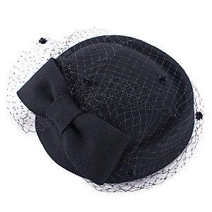 Lawliet Womens Dress Fascinator Wool Felt Pillbox Hat Party Wedding Bow Veil A080 (Black)
