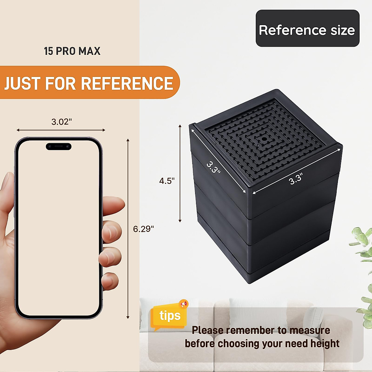 JONHWI Bed Risers, Furniture Raise Blocks, 2,3 or 4 inch Stilts Heavy Duty for Bed Couch Desk Sofa Table Lifts, Furniture Legs Lifters Support up to 1300 Lbs (Black, 4 Pack Set)