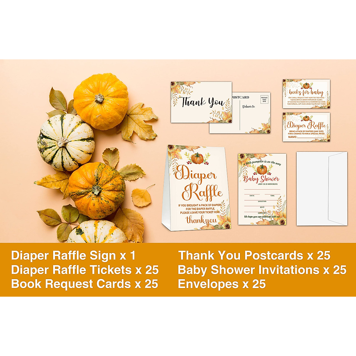 Baby Shower Cards Kit,Happy Fall Thanksgiving Day Set of 25 Baby Shower Invitations with Envelopes, Book Request Cards for Baby Shower,Autumn Pumpkin Baby Shower Party Favor Decoration(02)